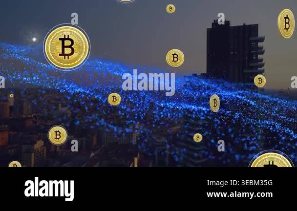 Animation of falling bitcoin sings and blue wave model over cityscape ...