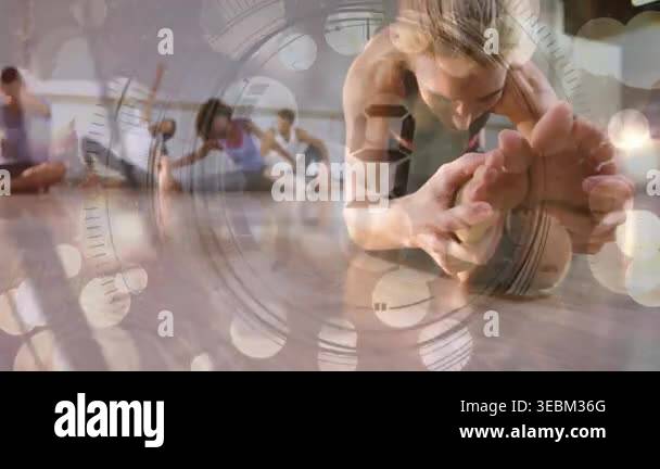Clock animation over people stretching in fitness class. Exercise ...