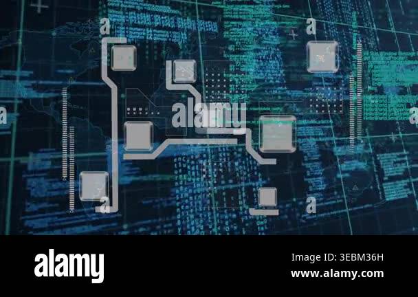 Animation of computer circuit board over data processing. Global ...