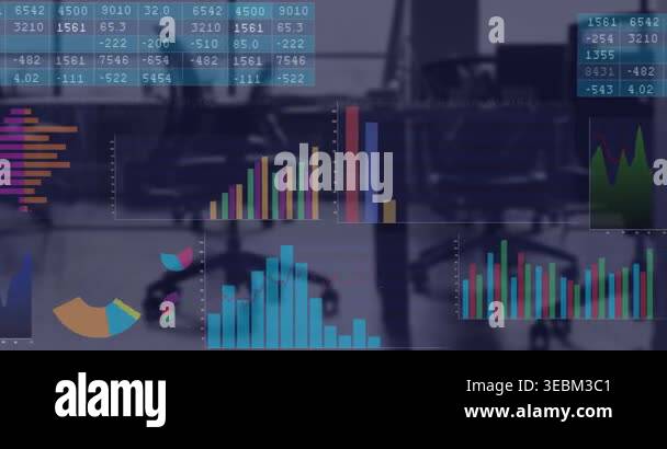 Animation of data processing and diagrams over office. Global business ...