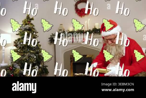 Animation of falling ho text over santa claus. Christmas, tradition and ...