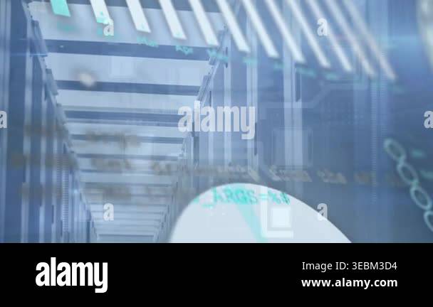 Animation of data processing and diagrams over server room. Global ...