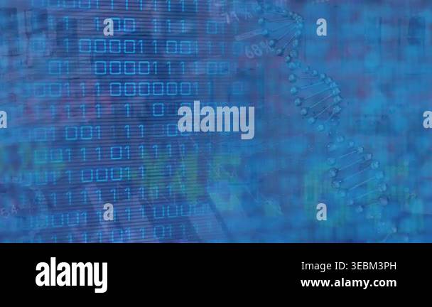 Animation of binary code, financial data and dna on blue background ...