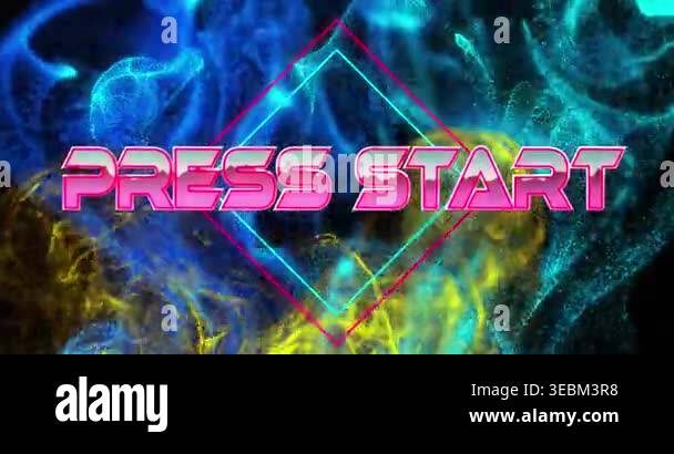Animation of press start text banner over blue and golden glowing ...