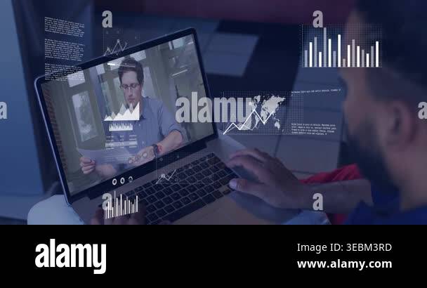 Man at laptop using pad for business analysis, presenter holding paper ...
