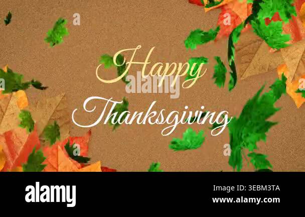 Animation of happy thanksgiving text banner and autumn leaves floating ...