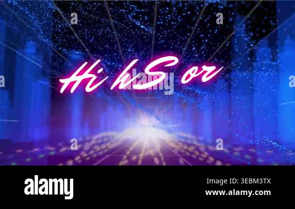 Animation of neon high score text banner over purple digital wave ...
