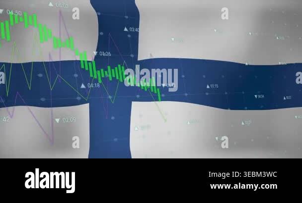 Animation of graphs processing data over flag of finland. National ...