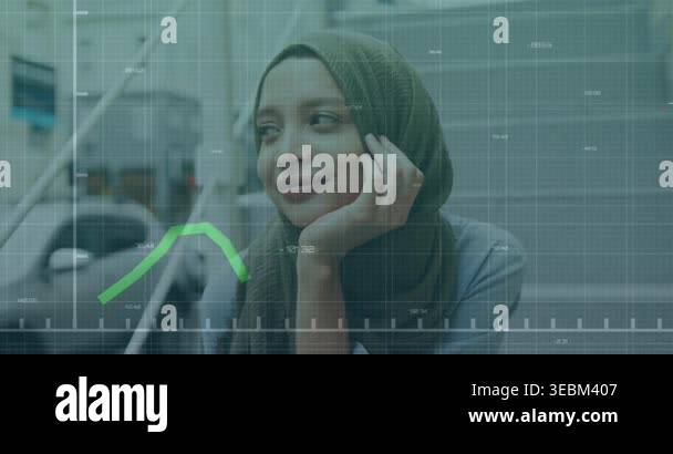 Animation of green lines financial data processing over woman. Global ...