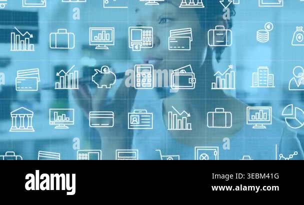 Animation of financial icons over woman in office having call. Business ...