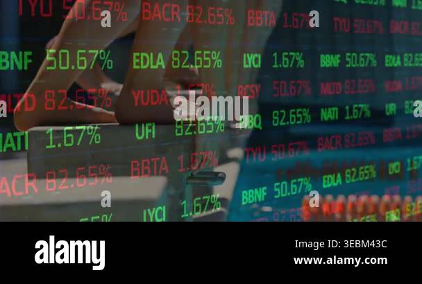 Animation of stock market and diagrams over caucasian swimmer jumping ...