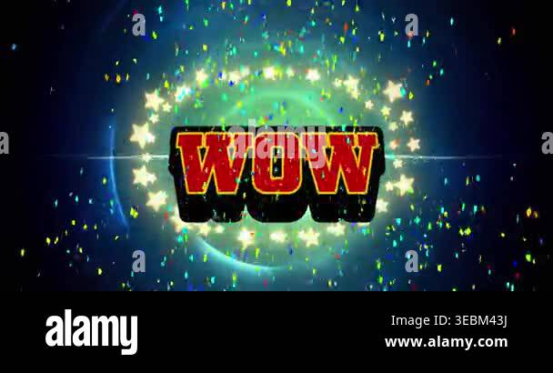 Animation of wow text over star frame. Social media and digital ...