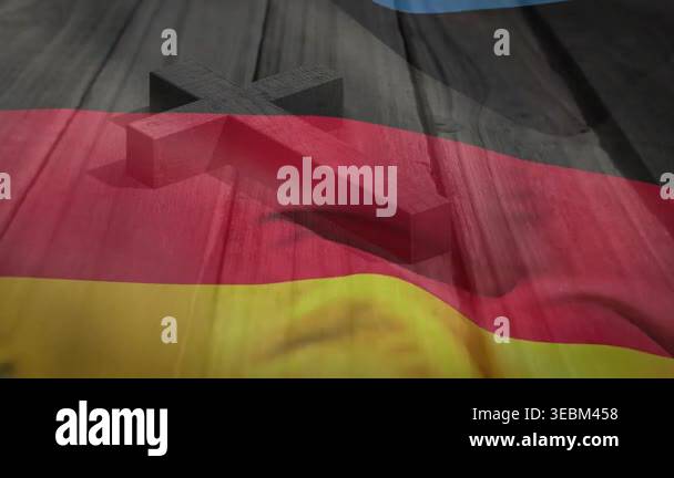 US flag sliding in, causing German tricolor rippling over wood and ...