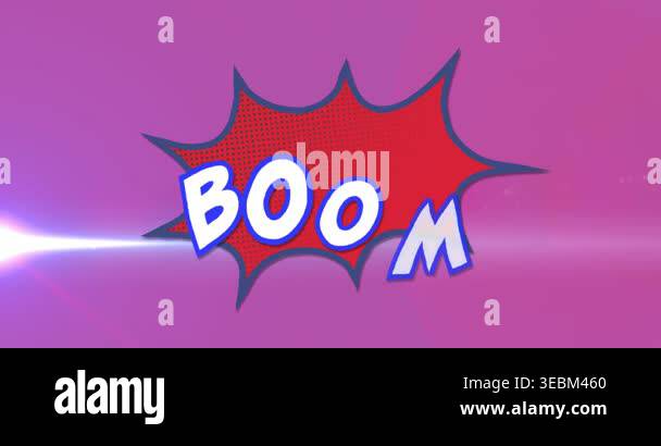 Animation of boom text over retro star speech bubble on pink background ...
