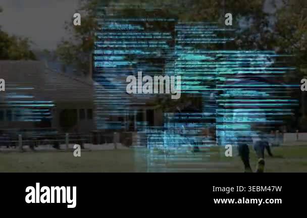 sweeping glitching code overlay while rugby players sprinting ...