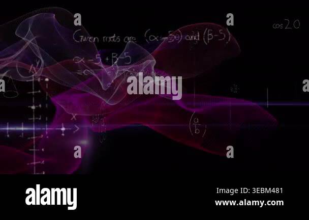Animation of mathematical equations over shapes on black background ...