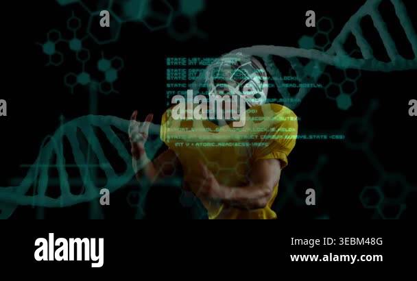 Football player in yellow jersey with DNA strand and data overlay ...