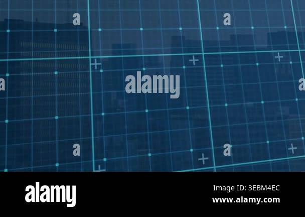 Grid lines and data points animation over cityscape background ...