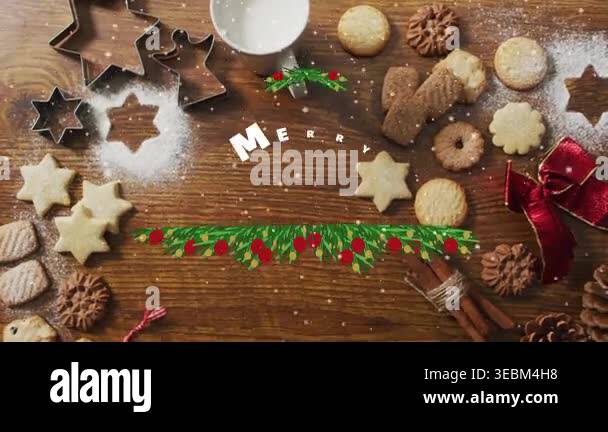 Animation of merry christmas text over christmas cookies and ...