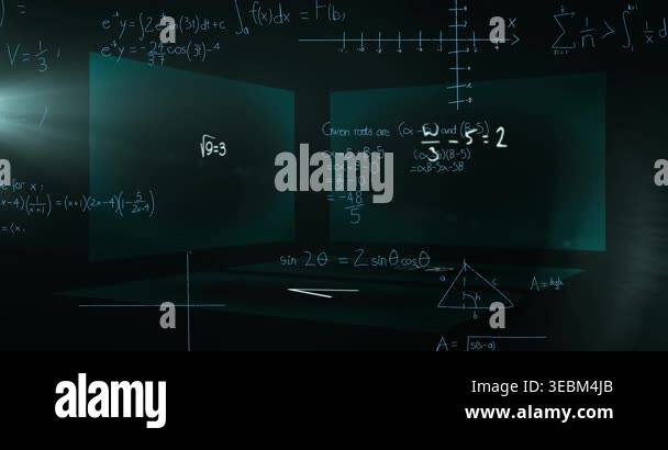 Animation of light trails over mathematical equations on black ...
