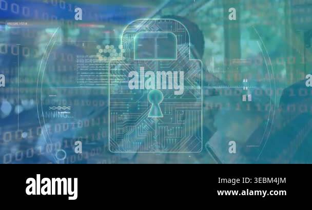 Animation of security padlock icon and data processing over african ...