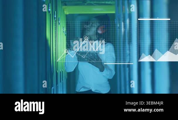 Animation of diagrams and data processing over female worker in server ...