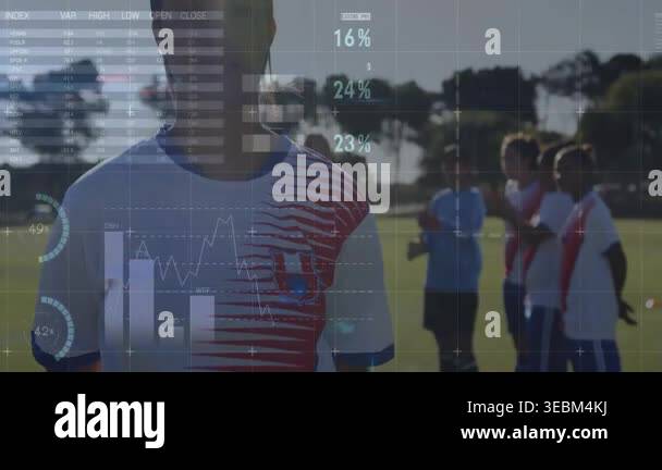Data analytics and performance metrics animation over soccer players on ...