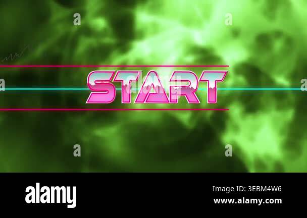 Animation of press start text over pink metallic. Video game ...