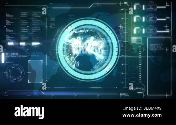 Animation of clock over digital interface on dark background. science ...