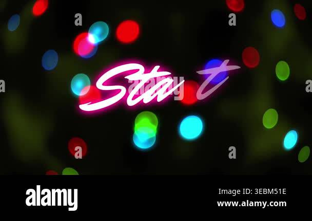 Animation of neon purple start text banner over colorful spots of light ...