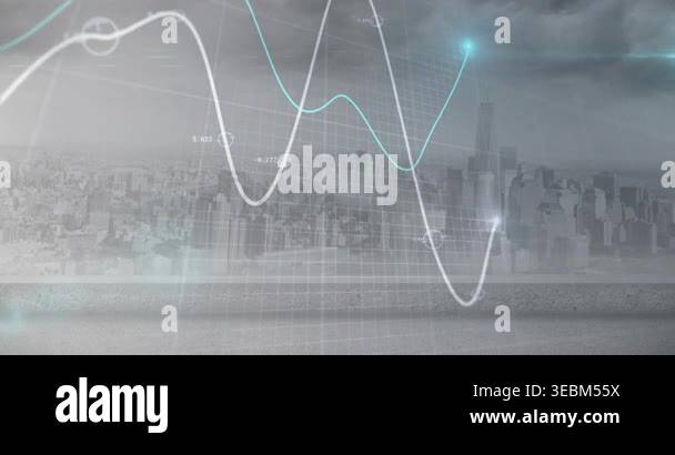 Animation of light spots and diagrams over cityscape. Global business ...