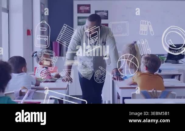 Animation of school items icons over happy diverse male teacher with ...