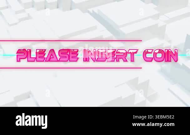 Animation of please insert coin text over moving shapes on white ...