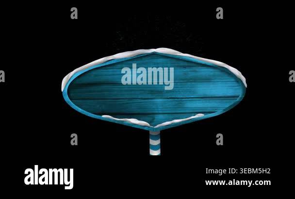 Animation of snow covered blue signboard with copy space against black ...