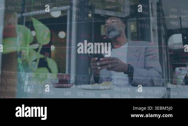 Animation of stock market data processing over african american man ...