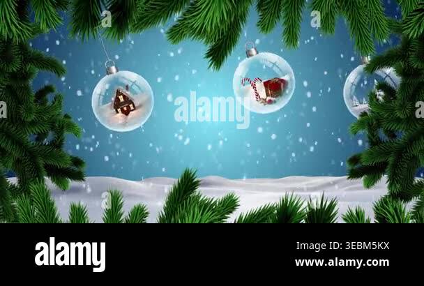 Christmas decorations with snowflakes animation over winter landscape ...