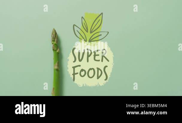 Asparagus spear with SUPER FOODS text and leaf animation on green ...