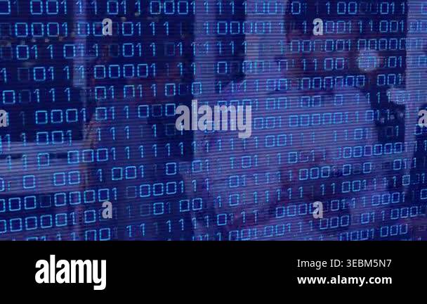 Animation of binary code over diverse female and male coworkers in ...