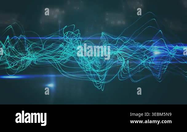 Animation of digital waves and blue light trails over data processing ...