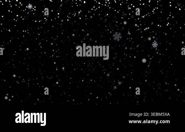 Animation of snowflakes icons falling against black background with ...