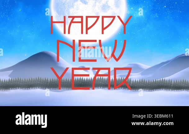 Animation of happy new year text over winter scenery. Christmas ...