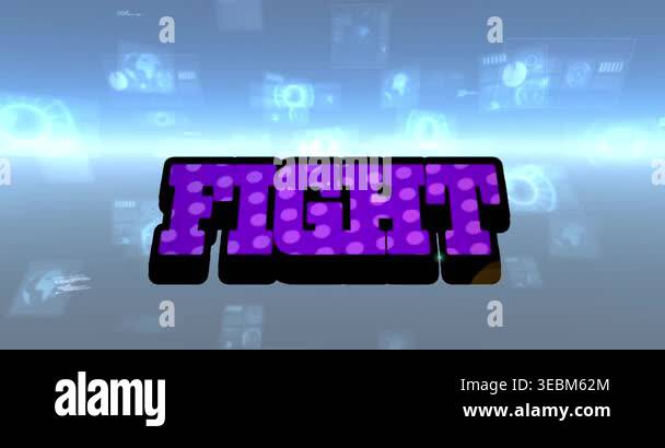 Animation of fight text and data processing on black background. social ...