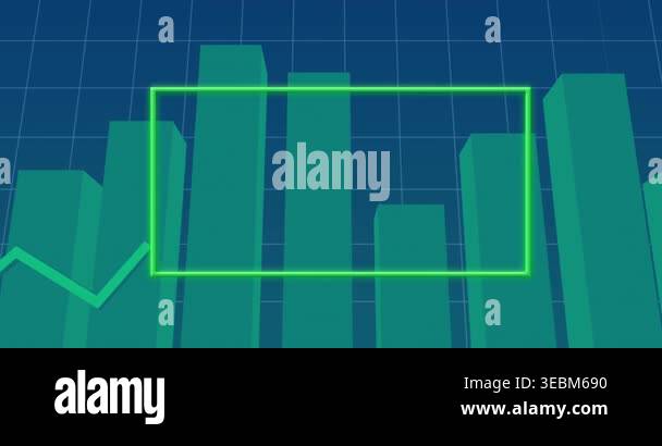 Animation of neon frame over data processing on blue background. global ...