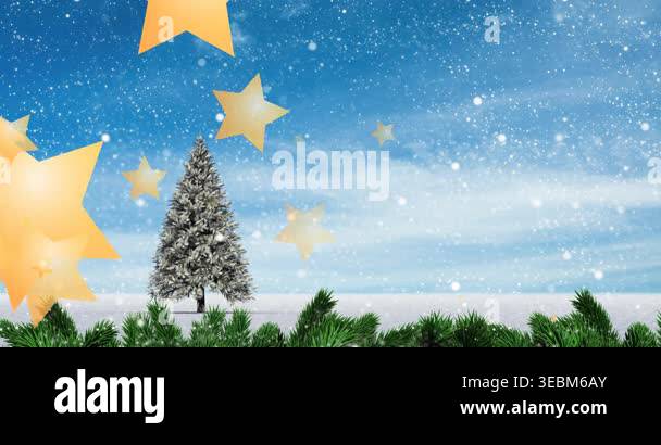 Animation of happy new year text over winter scenery. Christmas ...