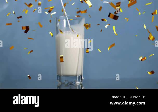 Animation of confetti falling over champagne glass. New year, new year ...
