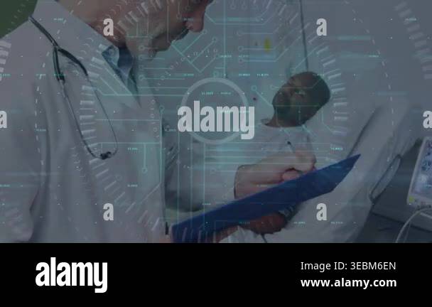 Animation of scientific data processing over caucasian male doctor with ...