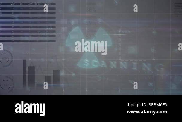 Animation of radioactive icon over cyber security and statistical data ...