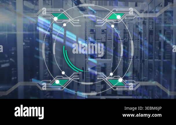 Animation of processing circle and integrated circuit over blue lights ...