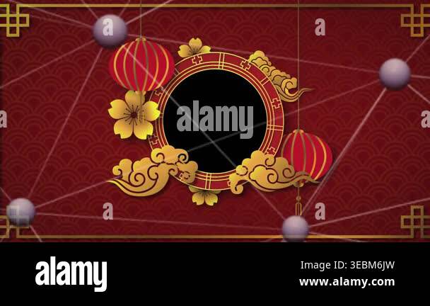 Animation of chinese frame over network of connections. Social media ...