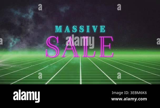 Animation of massive sale text over shapes. Retro future and digital ...